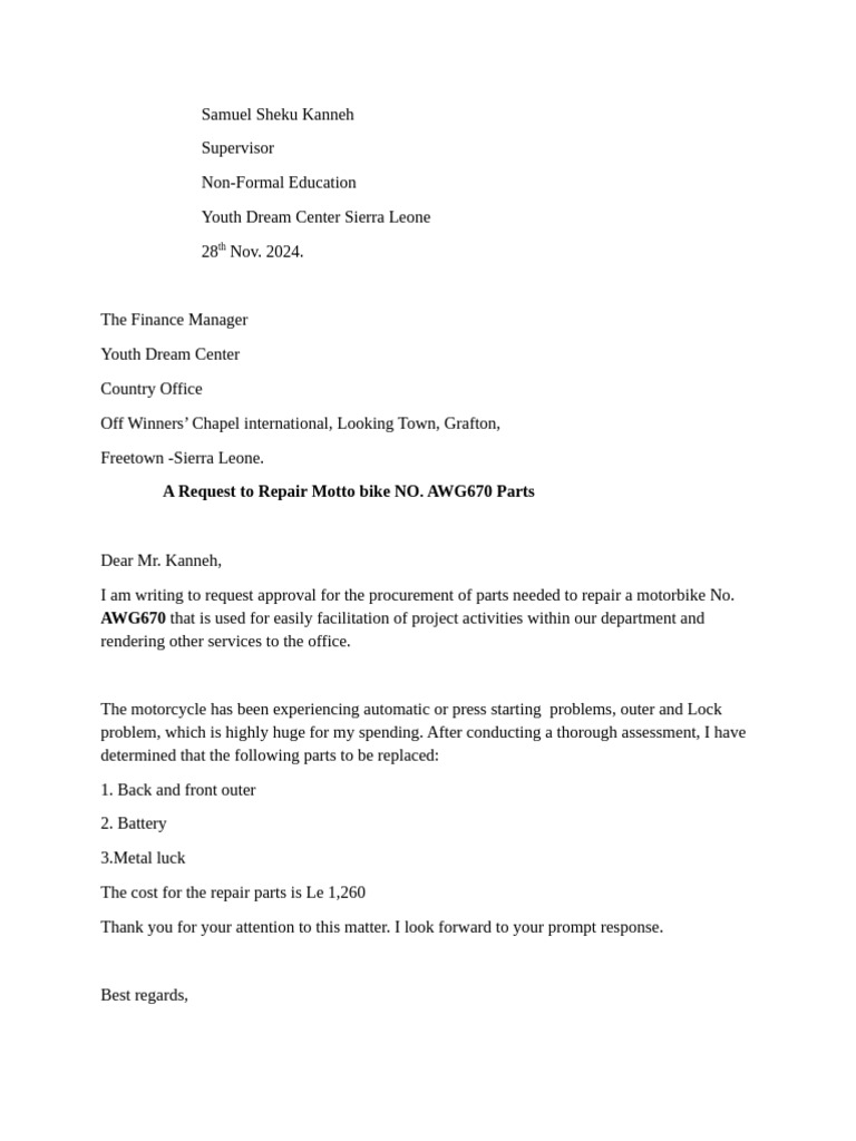 Motto Bike Repair Parts Request Letter | PDF