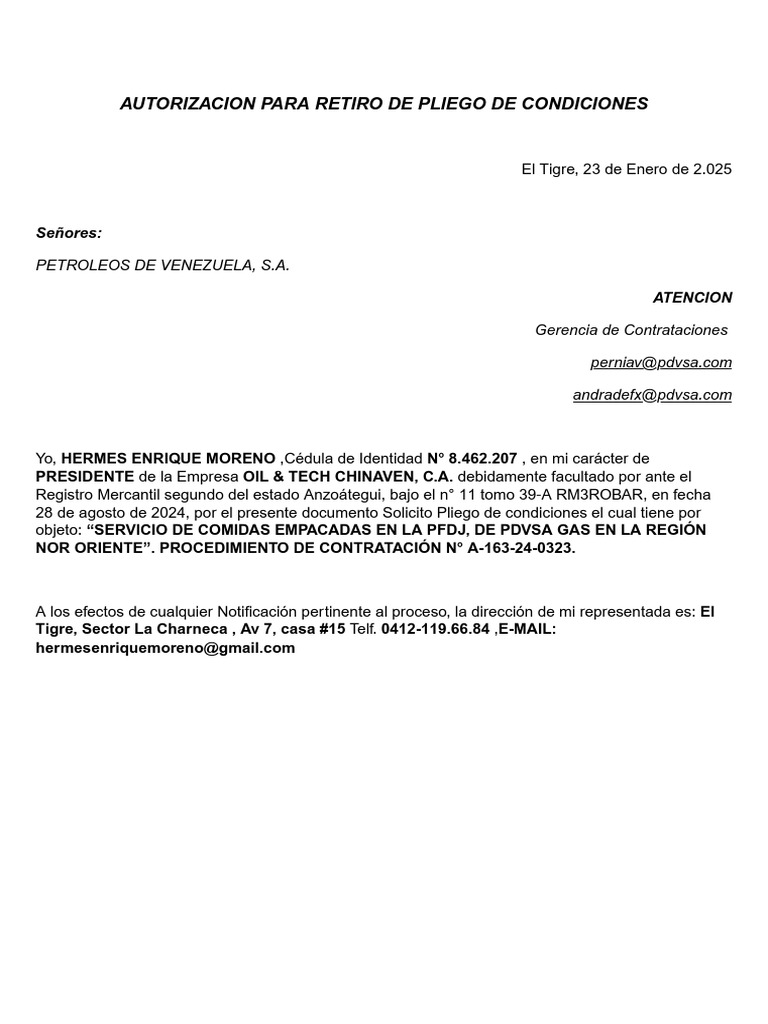 Autorizacion para Retiro de Pliego de Condiciones Climatización .Docx - 20250123 - 175554 - 0000 ...