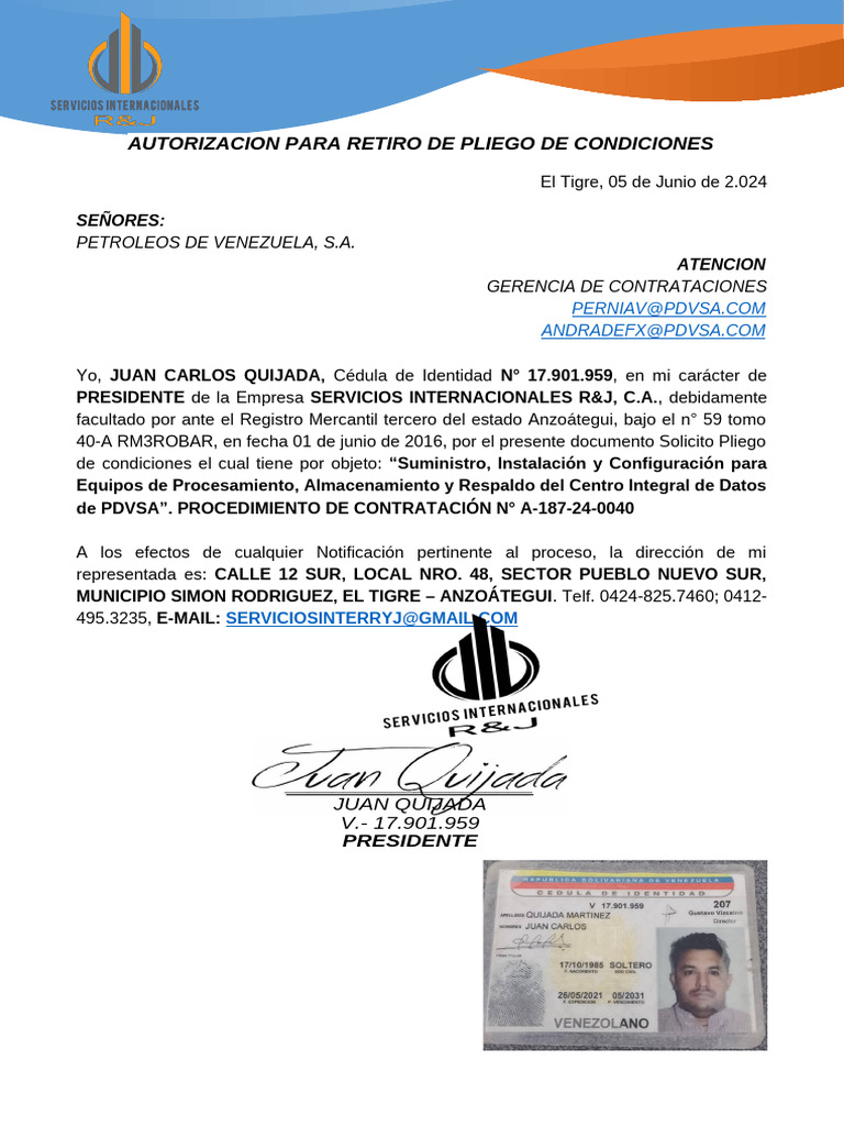 Autorizacion para Retiro de Pliego de Condiciones Climatización | PDF | Venezuela