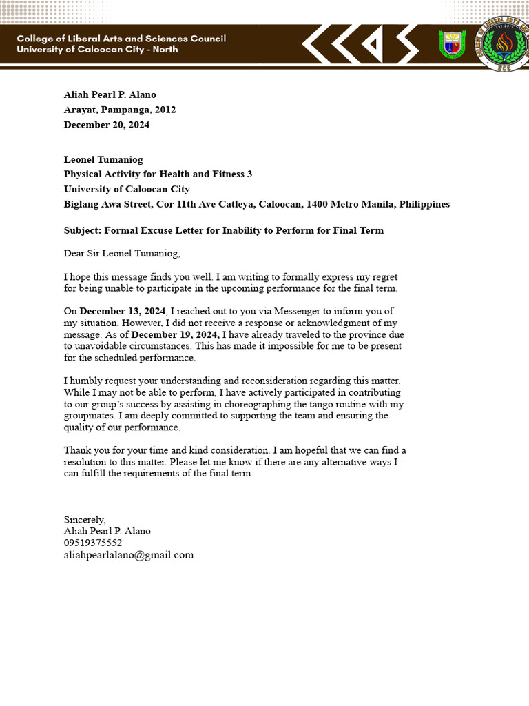 Formal Excuse Letter for Final Term Performance | PDF