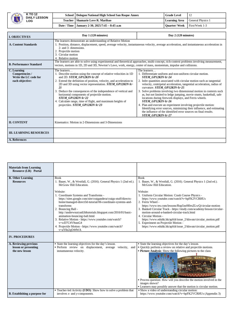 Grade 12 Physics Lesson Plan | PDF | Acceleration | Velocity