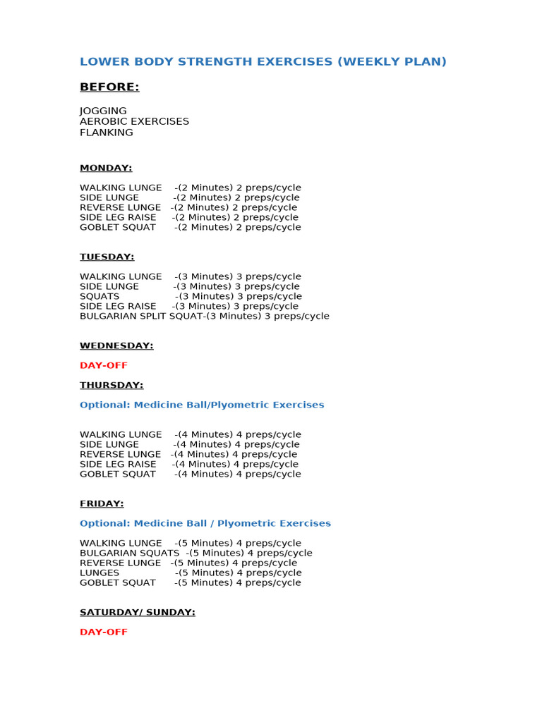 Weekly Lower Body Workout Plan | PDF