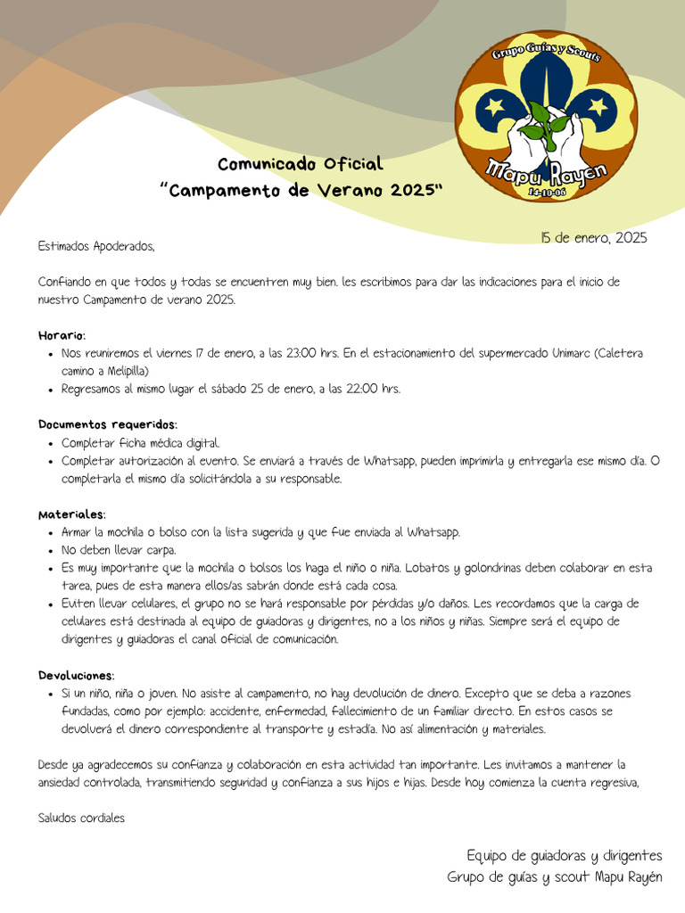 Comunicado Campamento 2025 | PDF