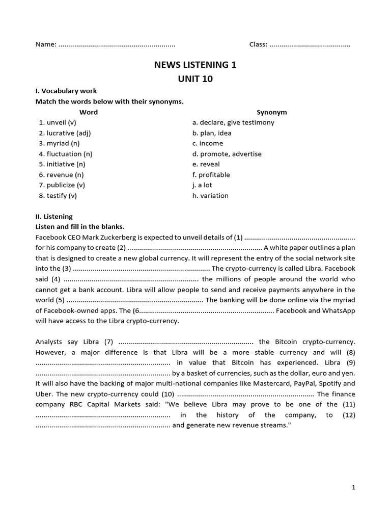 News Listening 1 - Unit 10 - Handout | PDF | Facebook