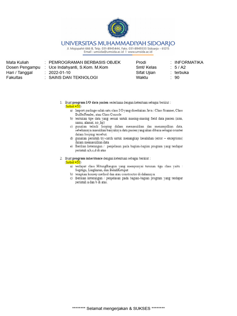 Soal UAS PBO Tervalidasi, 5A2, Jan 2022 | PDF