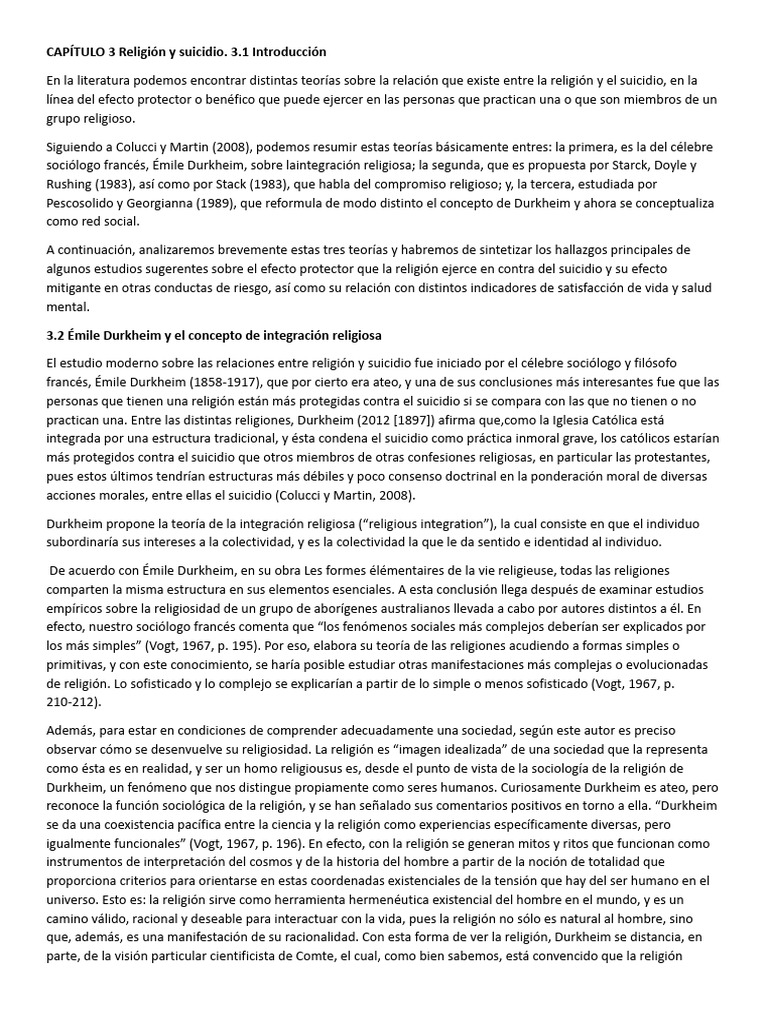 CAP-TULO 3- RELIGION Y PREVENCION DEL SUICIDIO.docx | PDF | Emile Durkheim | Suicidio