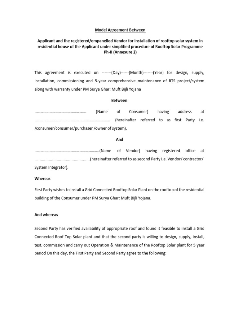 PM Surya Ghar Vendor Agreement Template | PDF | Solar Panel