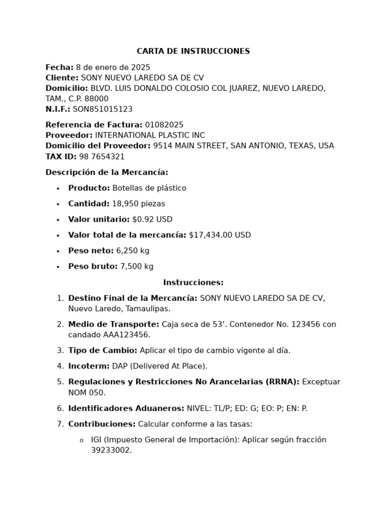 Carta de Instrucciones | PDF | aduana | Comercio