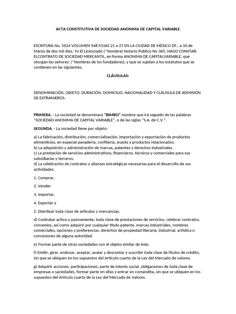 Ejemplo Acta Constitutiva Sociedad Mercantil Word | PDF | Sociedad de responsabilidad limitada ...