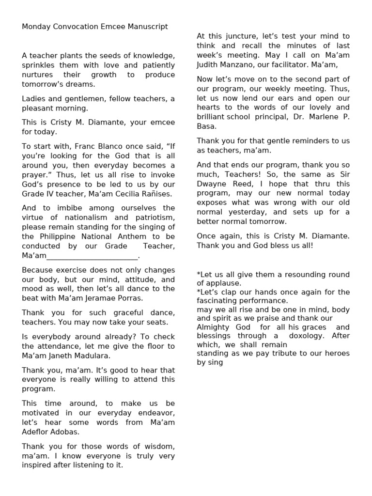 Monday Convocation Emcee Manuscript | PDF