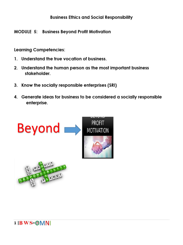 BUSINESS ETHICS AND CSR Module 5 Business Beyond Profit Motivation ...