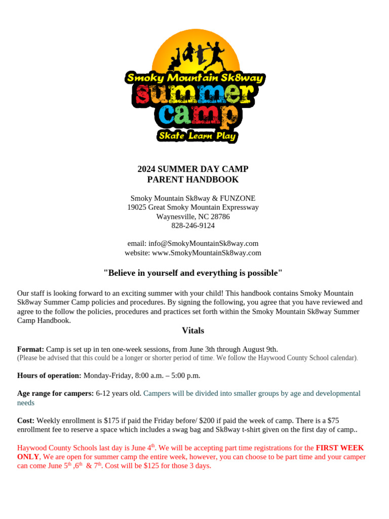 Summer Camp Parent Handbook 2024 2 | PDF | Allergy | Vehicles