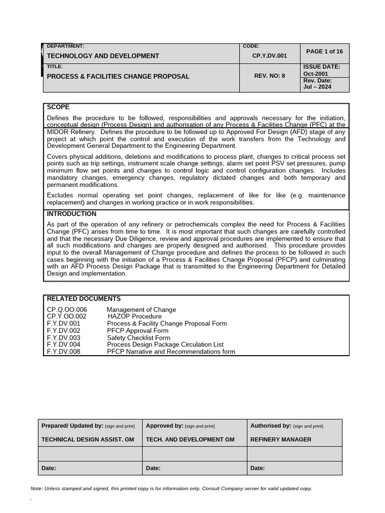 CP.Y.DV.001 Process & Facilities Change Proposal | PDF | Specification ...
