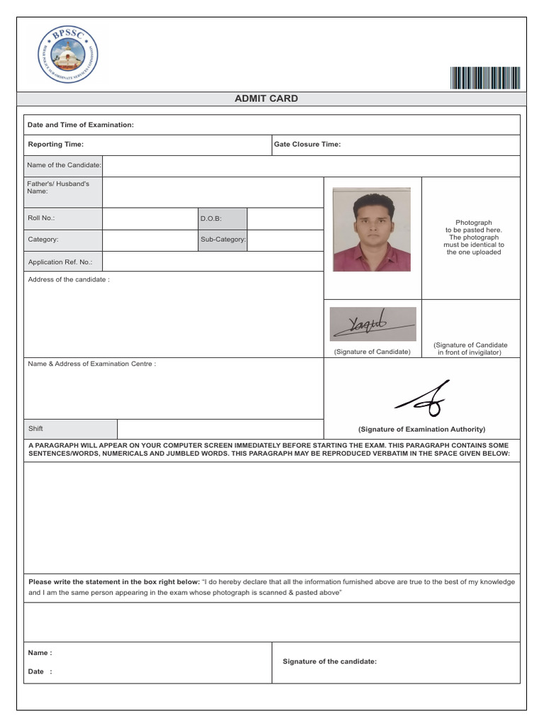 Bihar Police Sub Inspector Admit Card 2023 | PDF | Identity Document