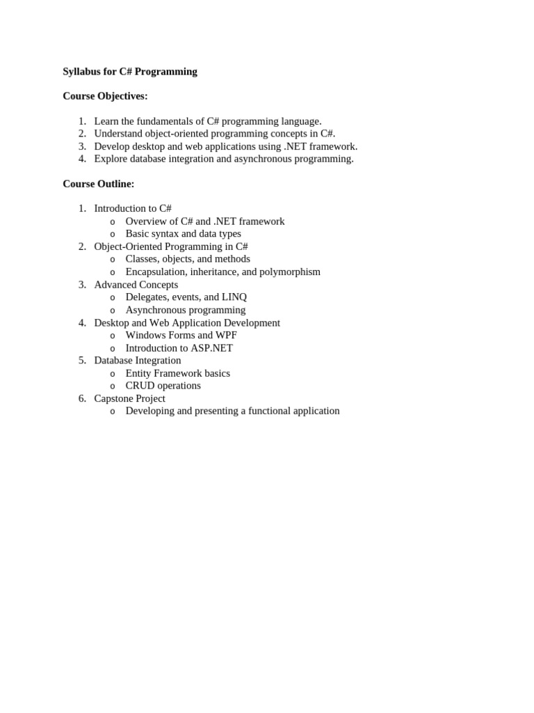 Syllabus For C Sharp Programming | PDF