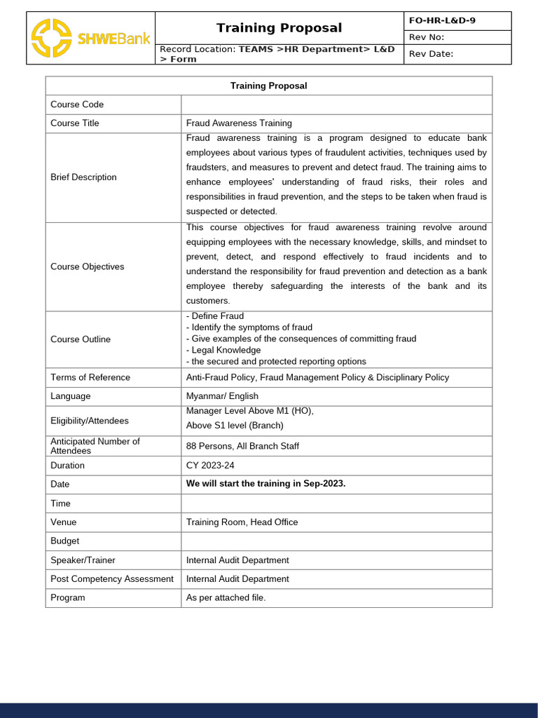 Fraud Awareness Training Proposal | PDF | Fraud | Internal Audit