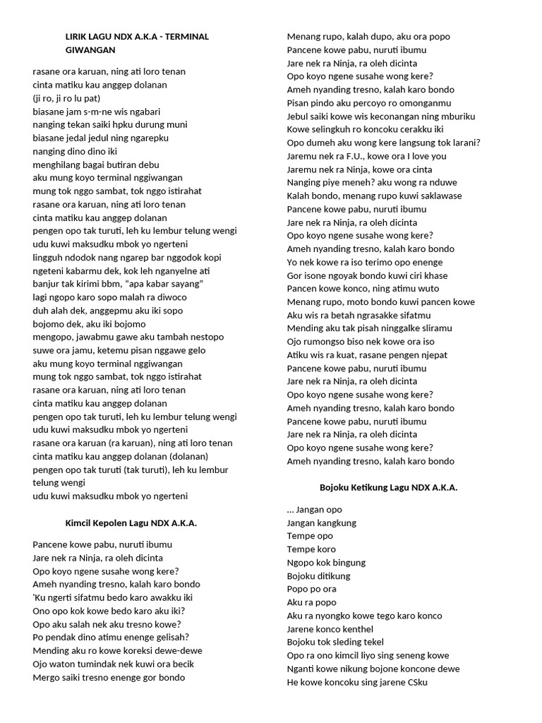 Lirik Lagu NDX A.K.A: Terminal Giwangan | PDF