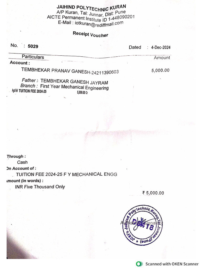 Pranav Fee Receipt, Bus - 2 | PDF