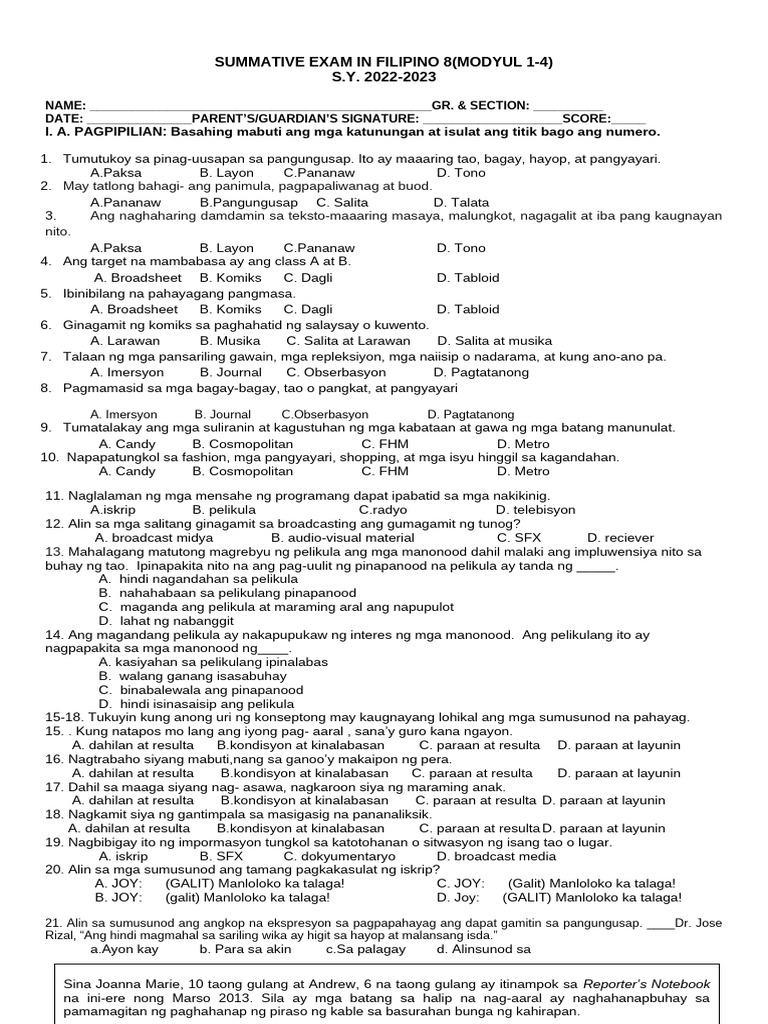Summative Filipino 8 | PDF