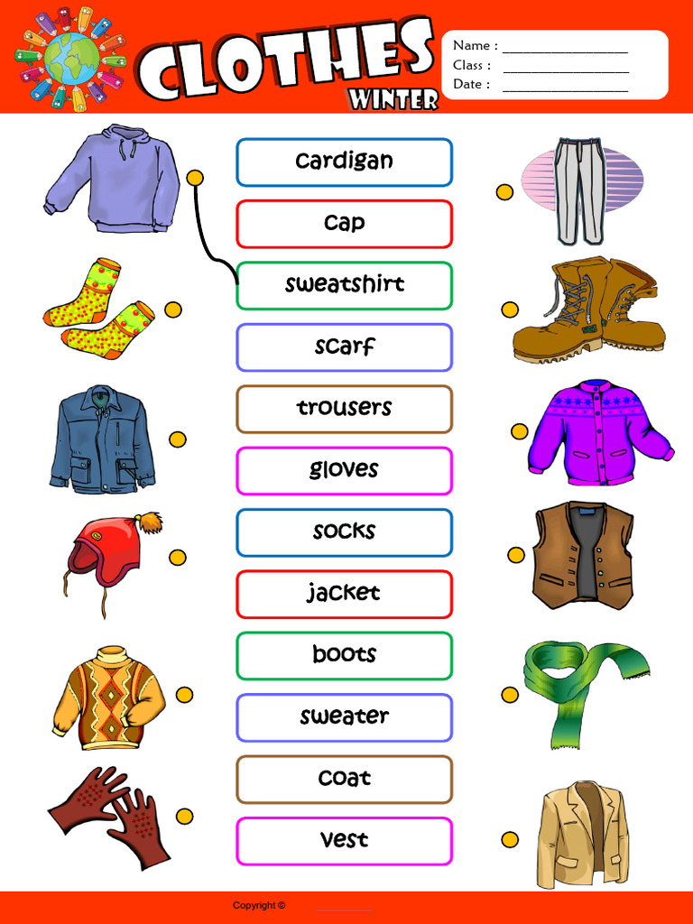 Winter Clothes Esl Vocabulary Matching Exercise Worksheet for Kids | PDF