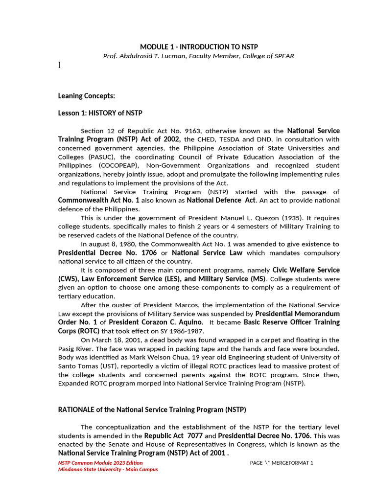 Introduction to NSTP: History & Components | PDF | Philippines