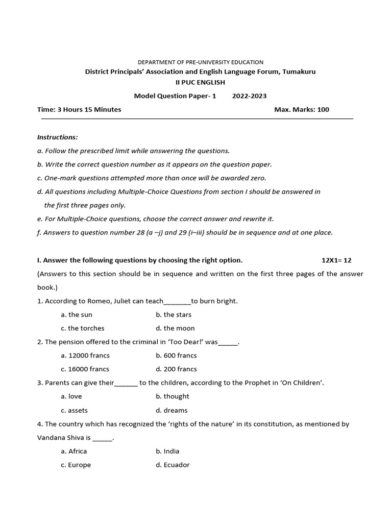 Tumakuru Dist English Model Paper - 1 | PDF