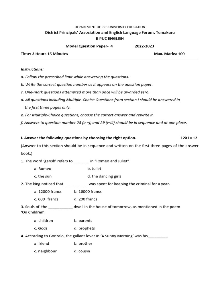 TUMAKURU DIST ENGLISH MODEL PAPER 4 | PDF