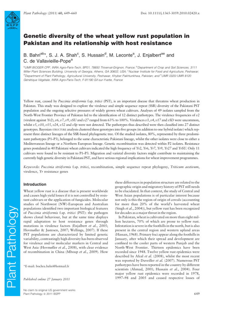 Plant Pathology - 2011 - Bahri - Genetic Diversity of The Wheat Yellow ...