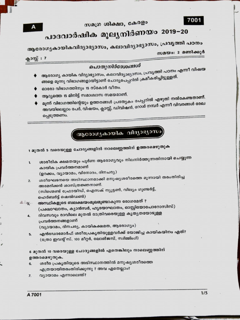 Kerala Class 7 First Term Onam Exam Question Paper 2019- PT, ART, WE ...