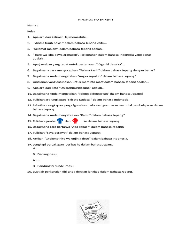 Latihan Soal Bahasa Jepang Jikoshokai | PDF