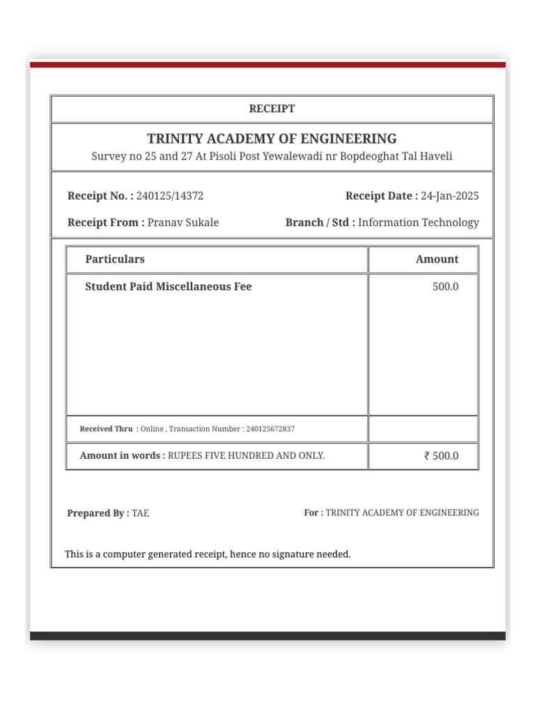 Trinity Academy Fee Receipt - ₹500 | PDF