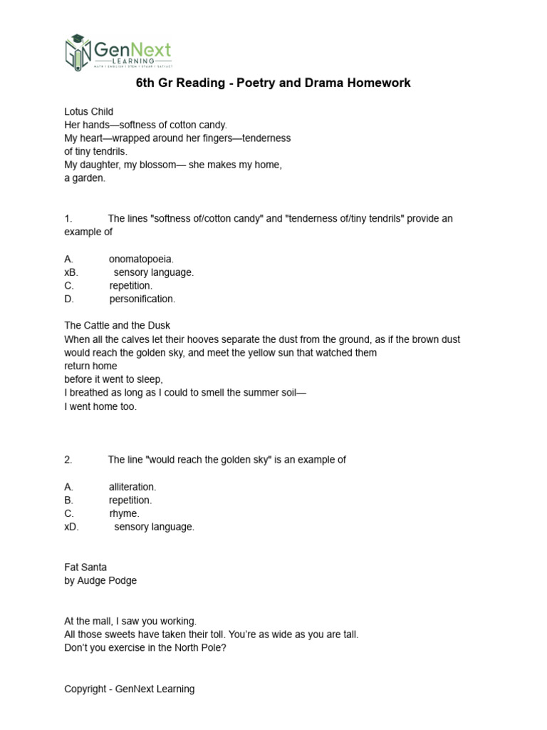 6th Grade Poetry and Drama Homework | PDF