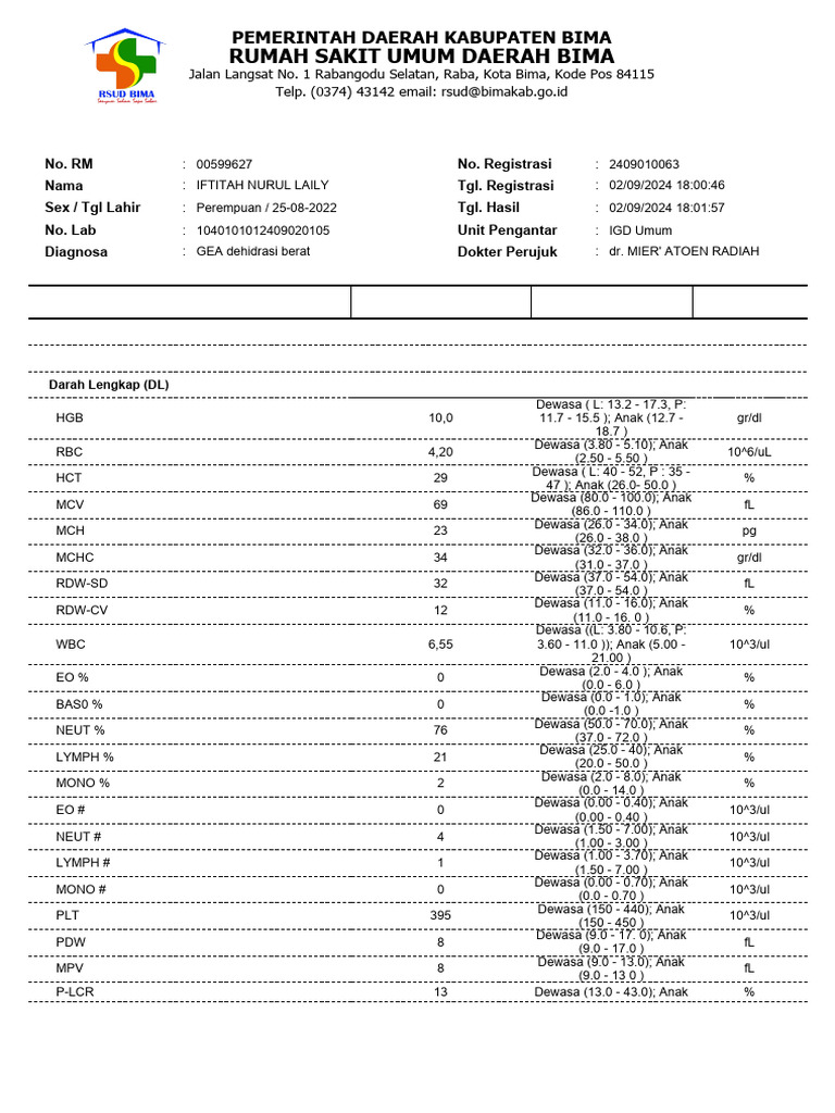 Hasil Lab GEA Dehidrasi Berat Bima | PDF