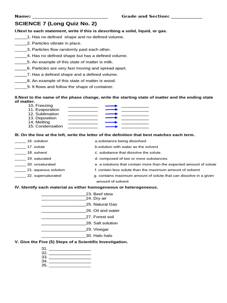long quiz about phase change and solutions | PDF | Condensed Matter ...