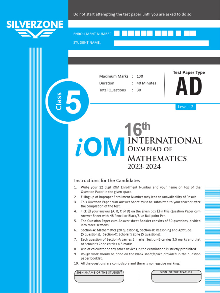 iOM Mathematics Test Paper Class 5 | PDF | Area | Rectangle