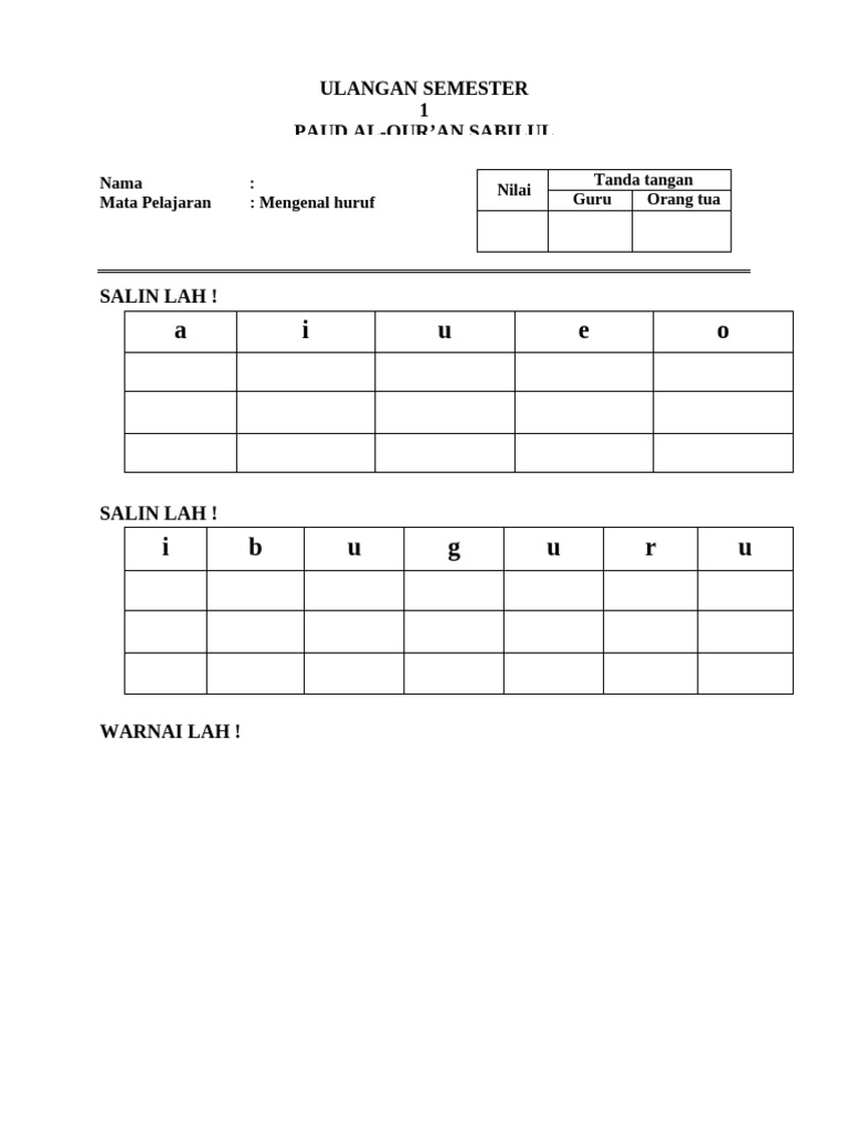 Ulangan Huruf dan Tematik PAUD | PDF