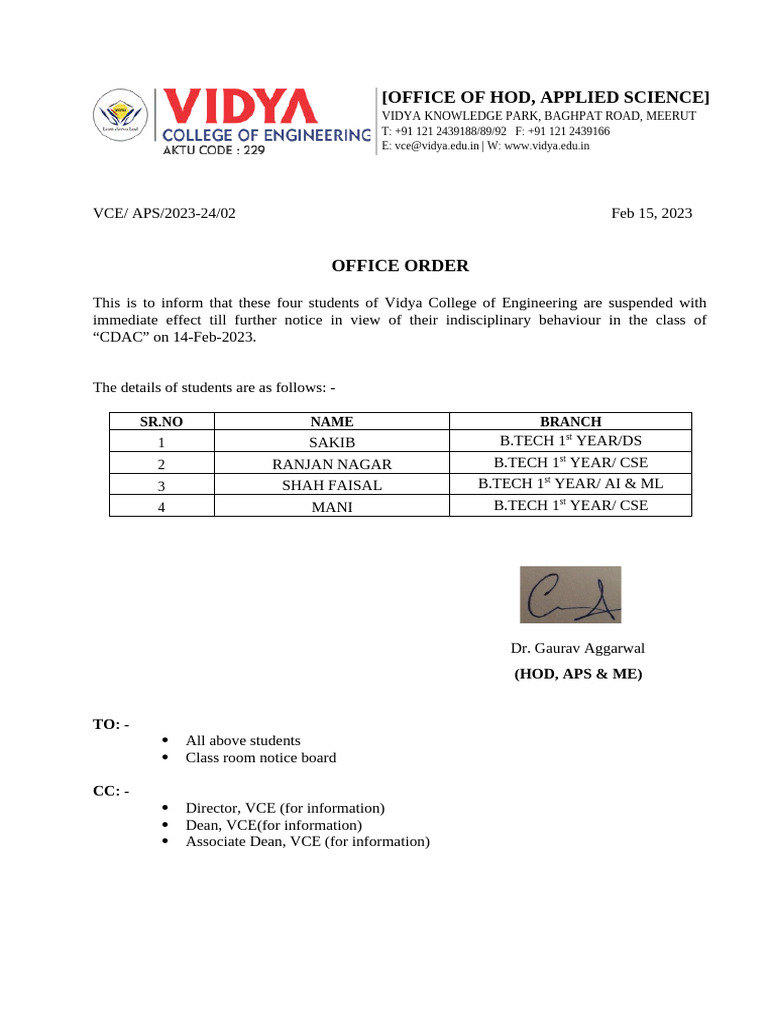 Student Suspension Notices at VCE | PDF