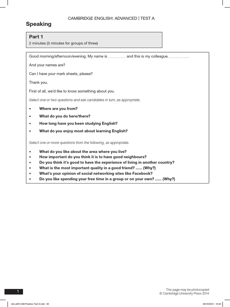 Cambridge English Advanced Practice Tests - Speaking Writing A + B (Z ...