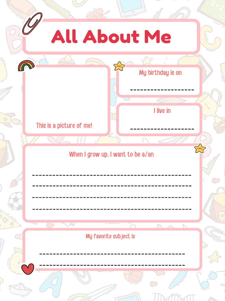 Pink and Yellow Cute Pastel Illustrative All About Me Worksheet | PDF