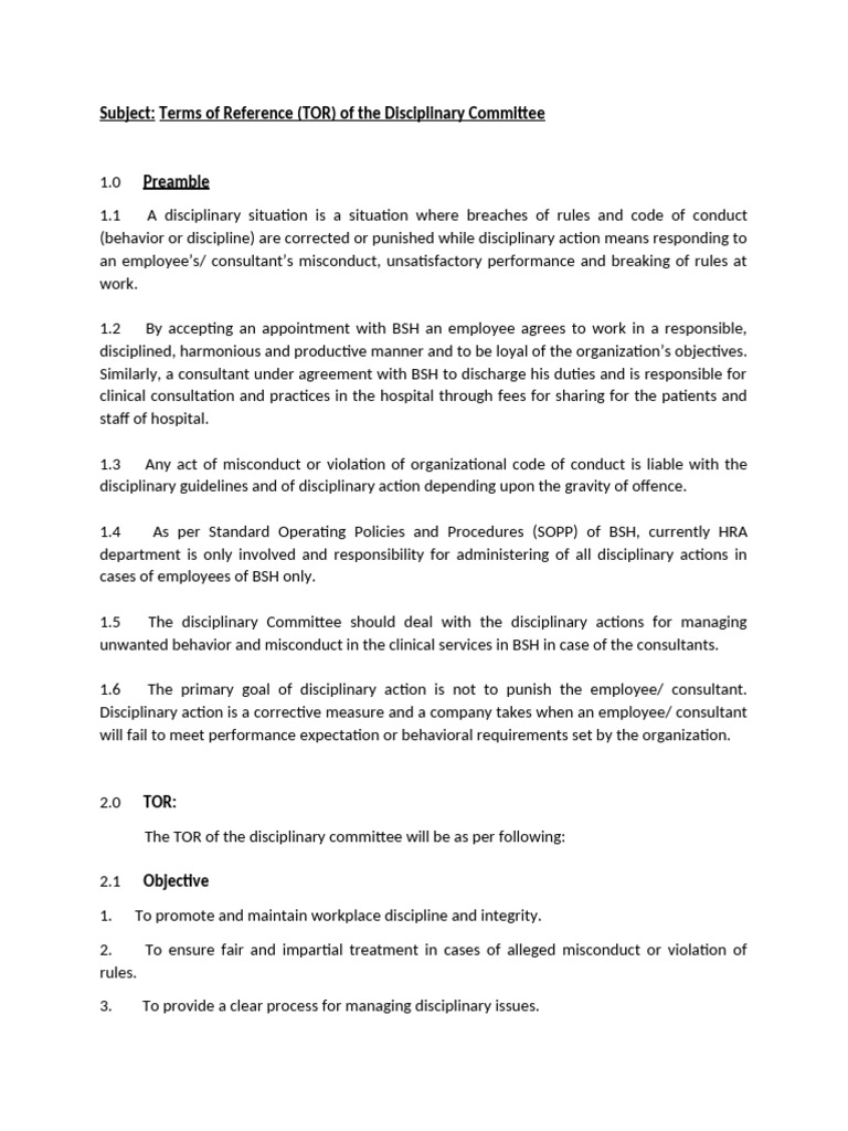 Terms of Reference (TOR) of The Disciplinary Committee | PDF ...