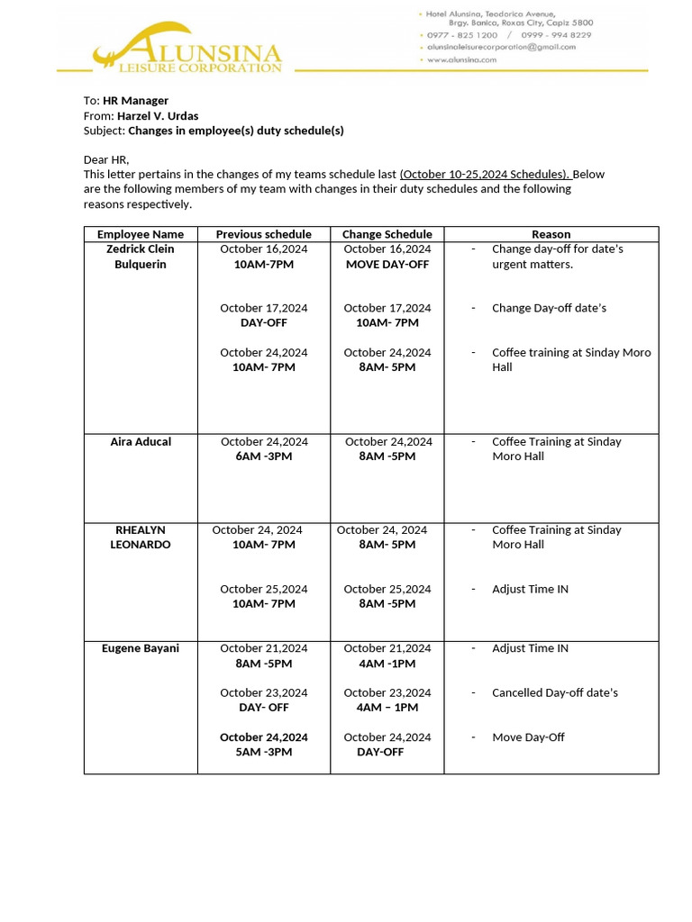 Employee Duty Schedule Changes Notice | PDF | Scheduling (Computing ...