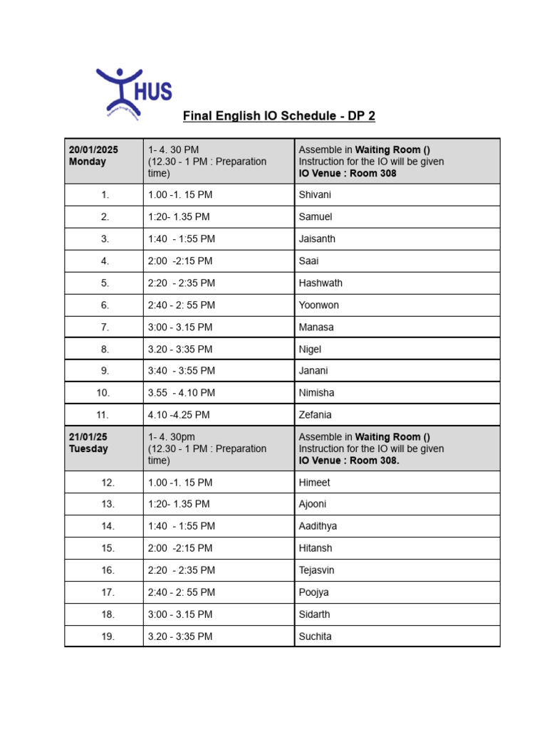 Final English IO Schedule - DP 2 2 | PDF