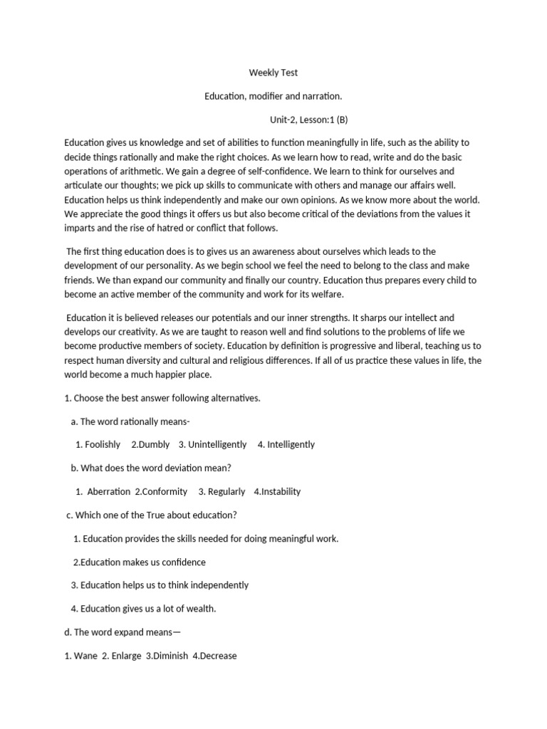 Weekly Test - Education, Modifier and Narration Emon | PDF | Verb ...