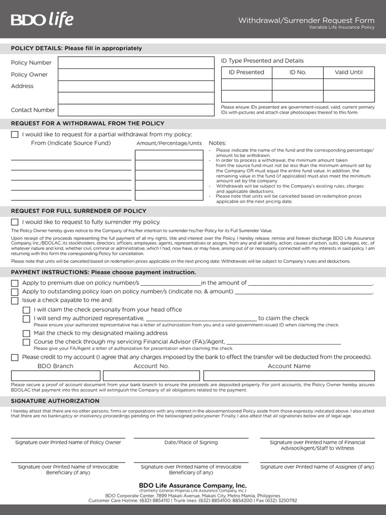 VL Insurance Policy Withdrawal - Surrender Request Form | PDF | Life ...