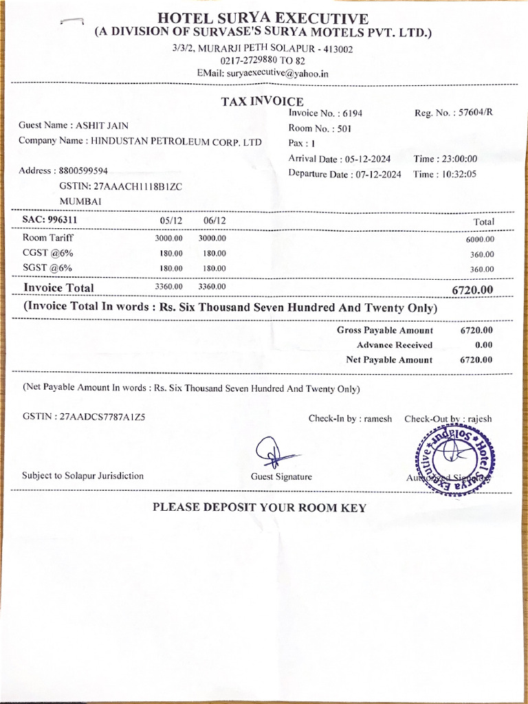 Solapur Hotel Bill | PDF