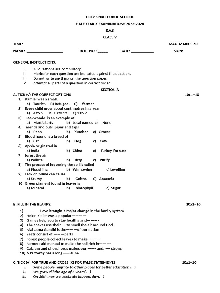 Class 5 Half Yearly Exam Paper 2023 | PDF