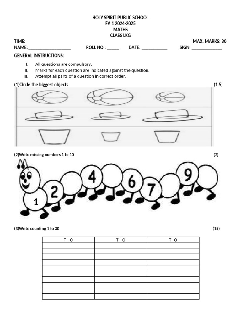 LKG Maths Question Paper FA1 2024-25 | PDF