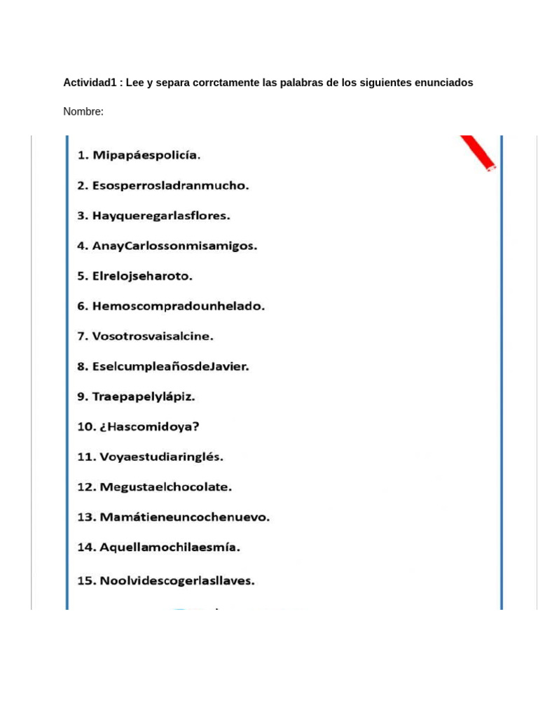 Actividad segmentacion de palabras en la escritura | PDF