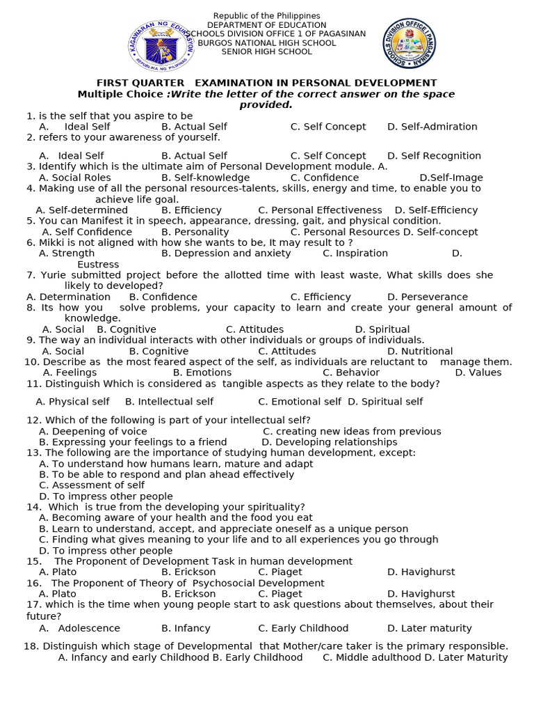 First Quater Exam in Pdev | PDF | Stress (Biology) | Psychology