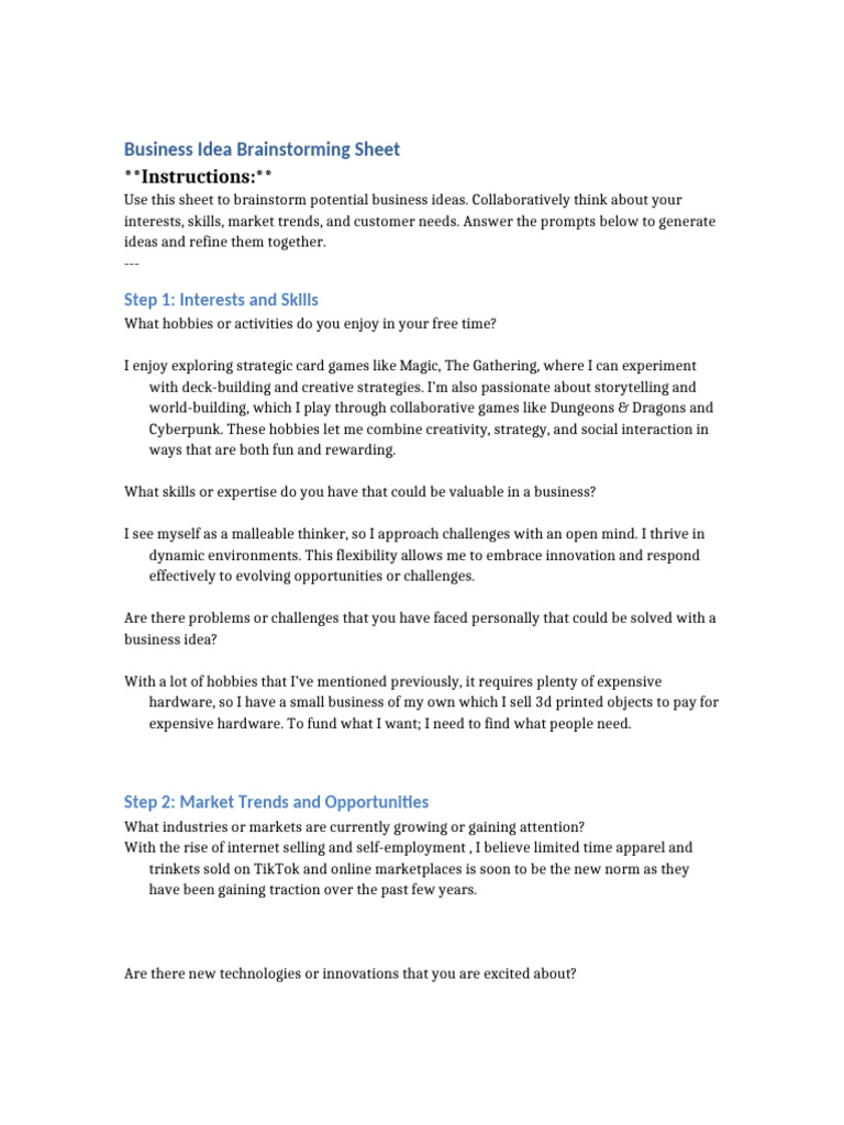 Business Idea Brainstorming Sheet | PDF | Brainstorming | Dungeons ...